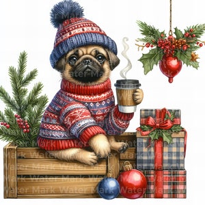 Christmas Dog Pug Clipart, 12 Jpg, Watercolor Clipart, Christmas ...