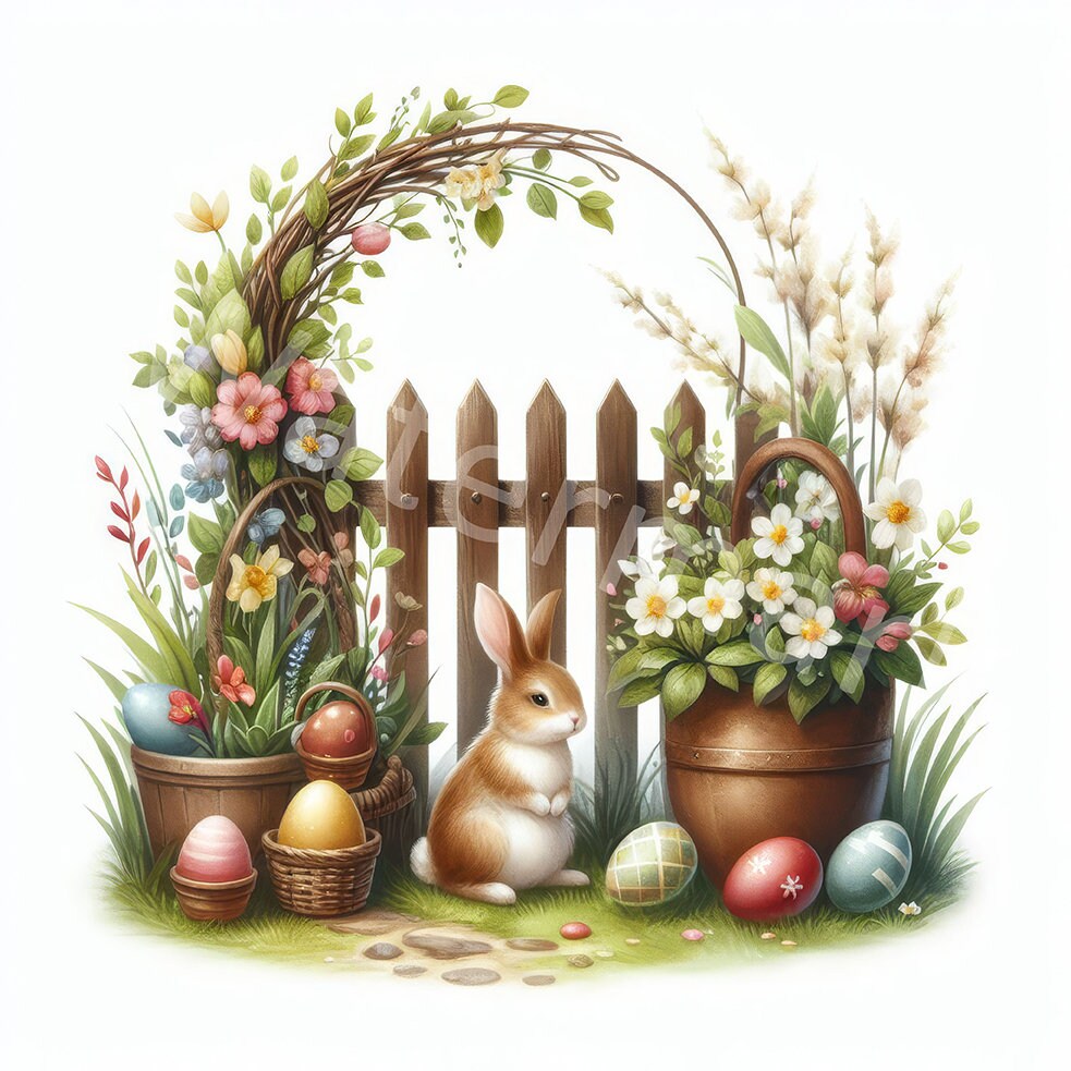 Easter Garden Clipart, 11 JPG, Digital Download, Garden Gate, Bunny and ...