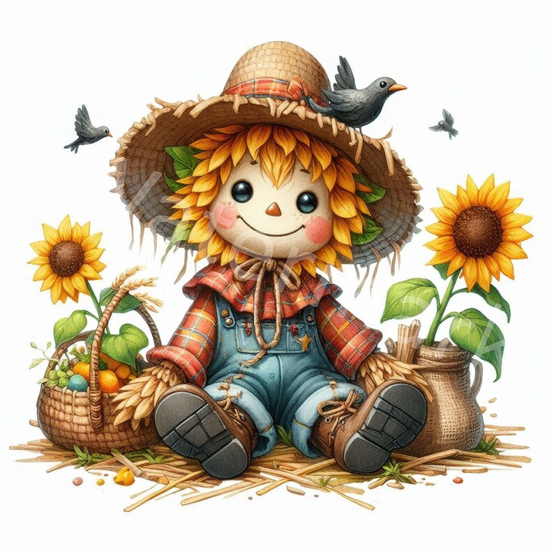 Autumn Scarecrow Clipart: Watercolor Fall Graphics (digital Download ...