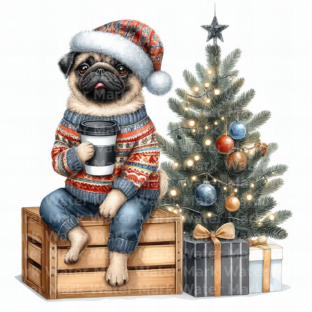 Christmas Dog Pug Clipart 12 Jpg Watercolor Clipart - Etsy