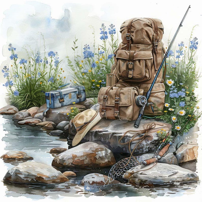 Watercolor Fishing Clipart Set: Rods, Fish, & Gear (JPG Digital ...