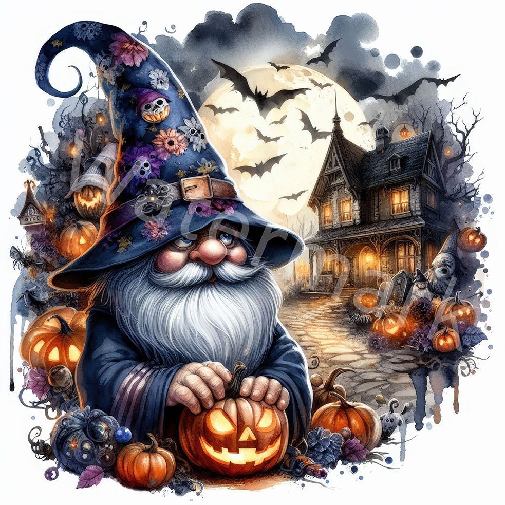 Watercolor Halloween Gnome Clipart: Spooky Graphics (digital Download ...