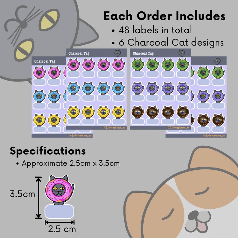 Donut Cat Cute Personalised Name Label for Daycare Waterproof Labels ...