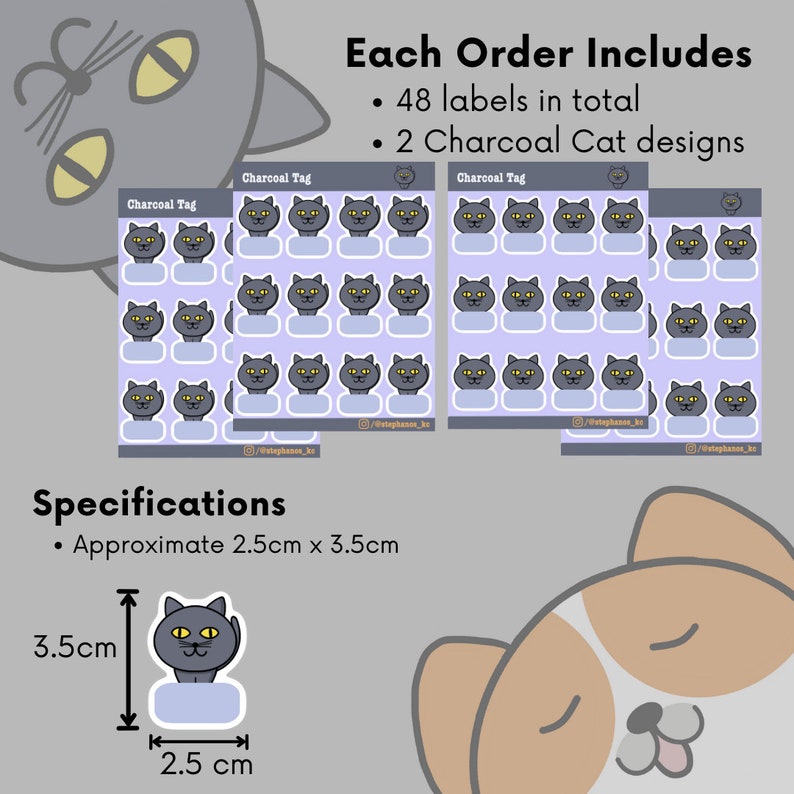 Charcoal Cat Personalised Name Label for Daycare Waterproof Labels for ...