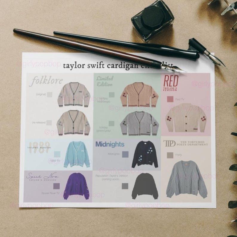 Taylor Cardigan Checklist Printable Swiftie Merch List All Cardigans ...