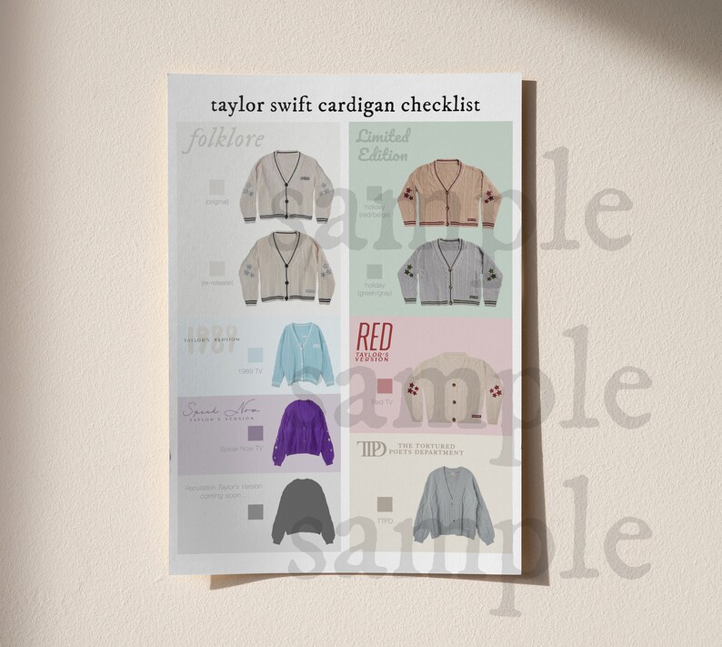 Taylor Cardigan Checklist Printable Swiftie Merch List All Cardigans ...
