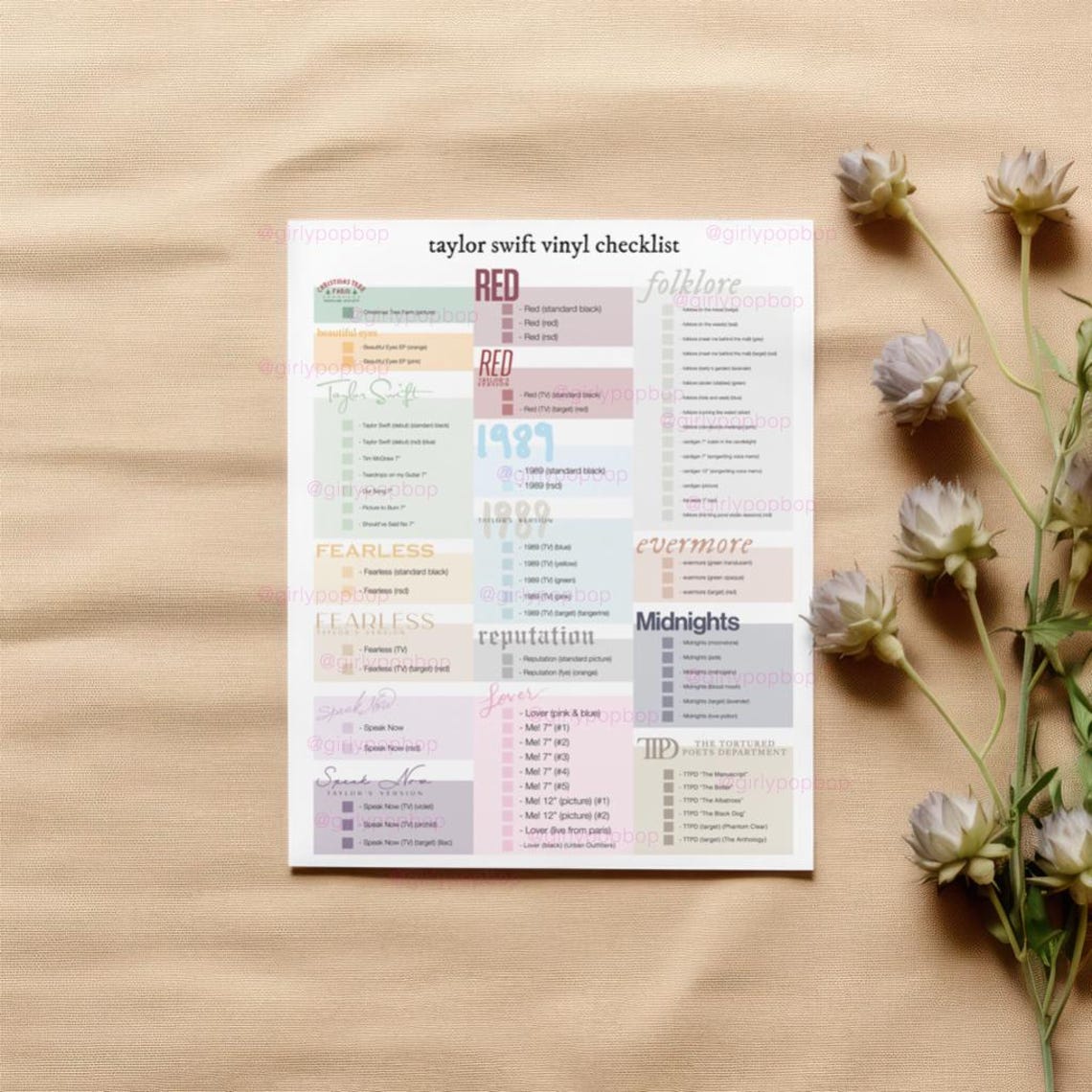 Taylor Vinyl Checklist Printable Swiftie Merch Stationary Eras Tour ...