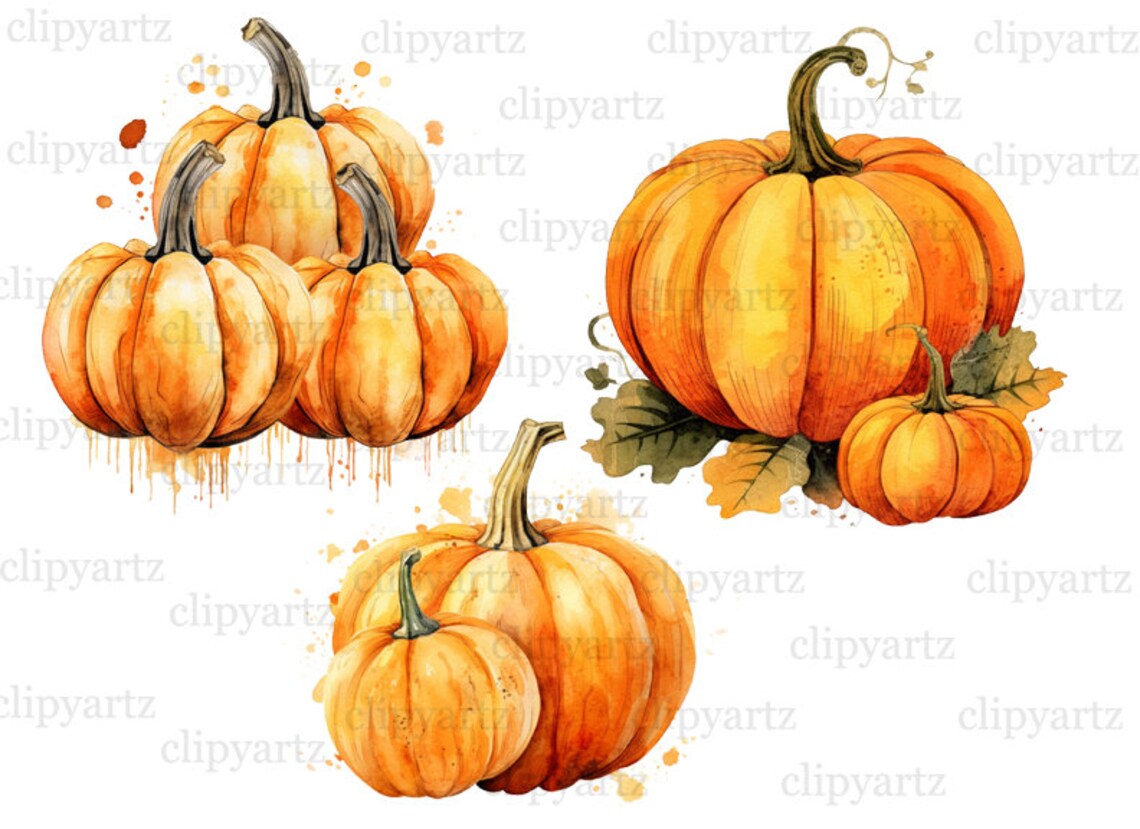 Watercolor Pumpkins Clipart Painted Fall Clipart Halloween ...