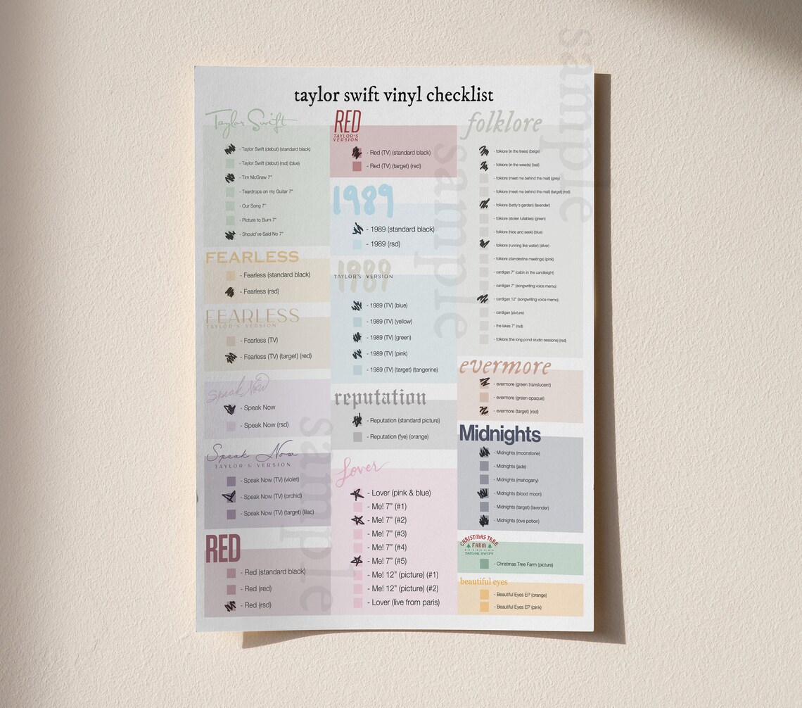 Taylor Vinyl Checklist Printable Swiftie Merch Stationary Eras Tour ...
