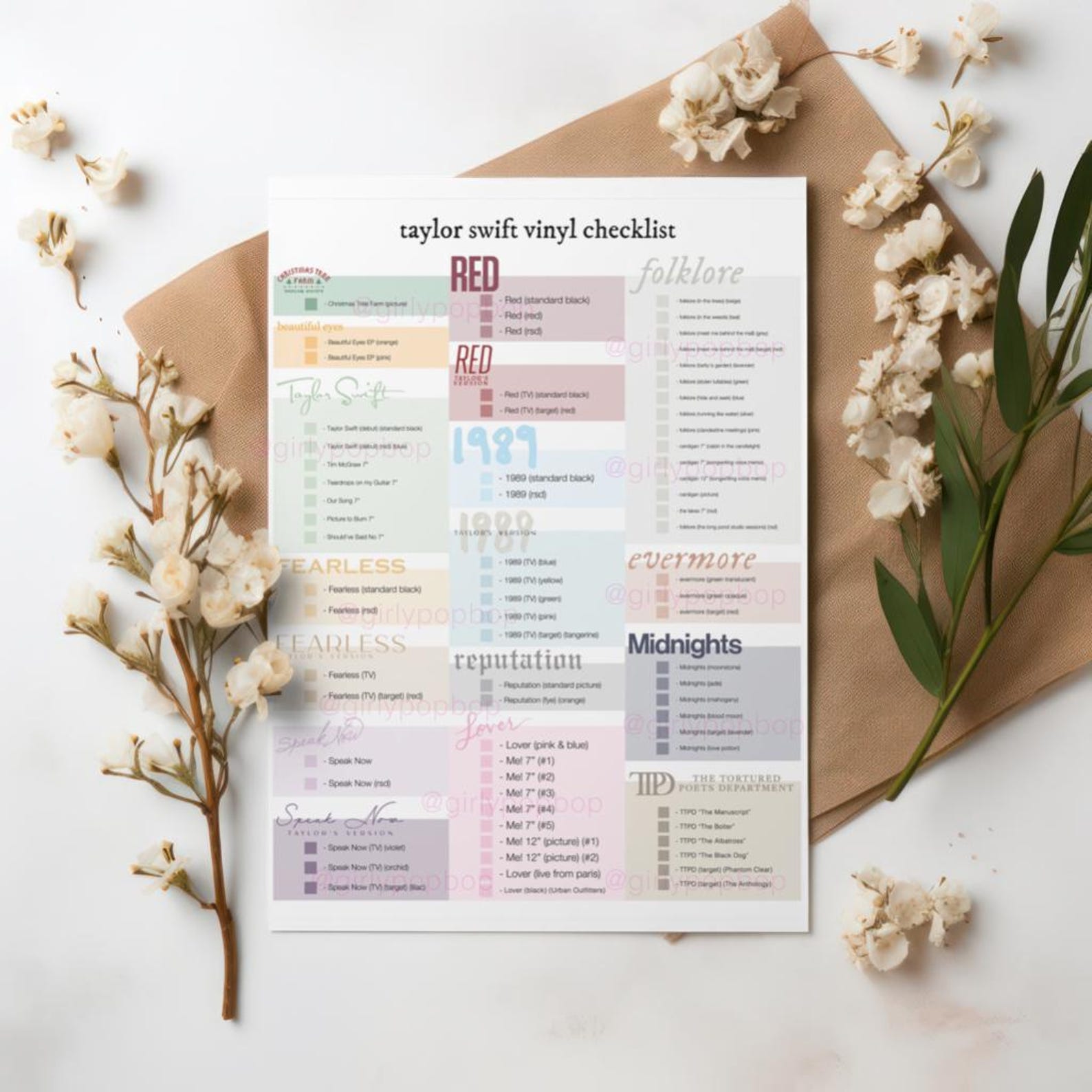 Taylor Vinyl Checklist Printable Swiftie Merch Stationary Eras Tour ...