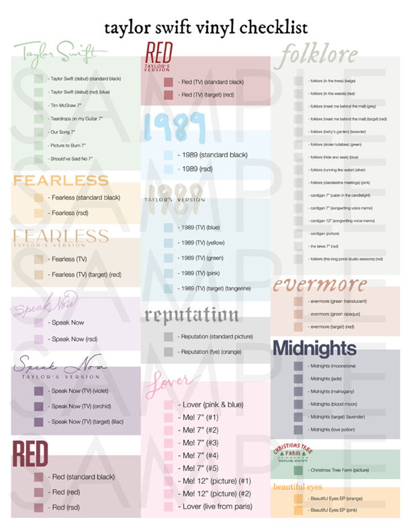 Taylor Vinyl Checklist Printable Swiftie Merch Stationary Eras Tour ...