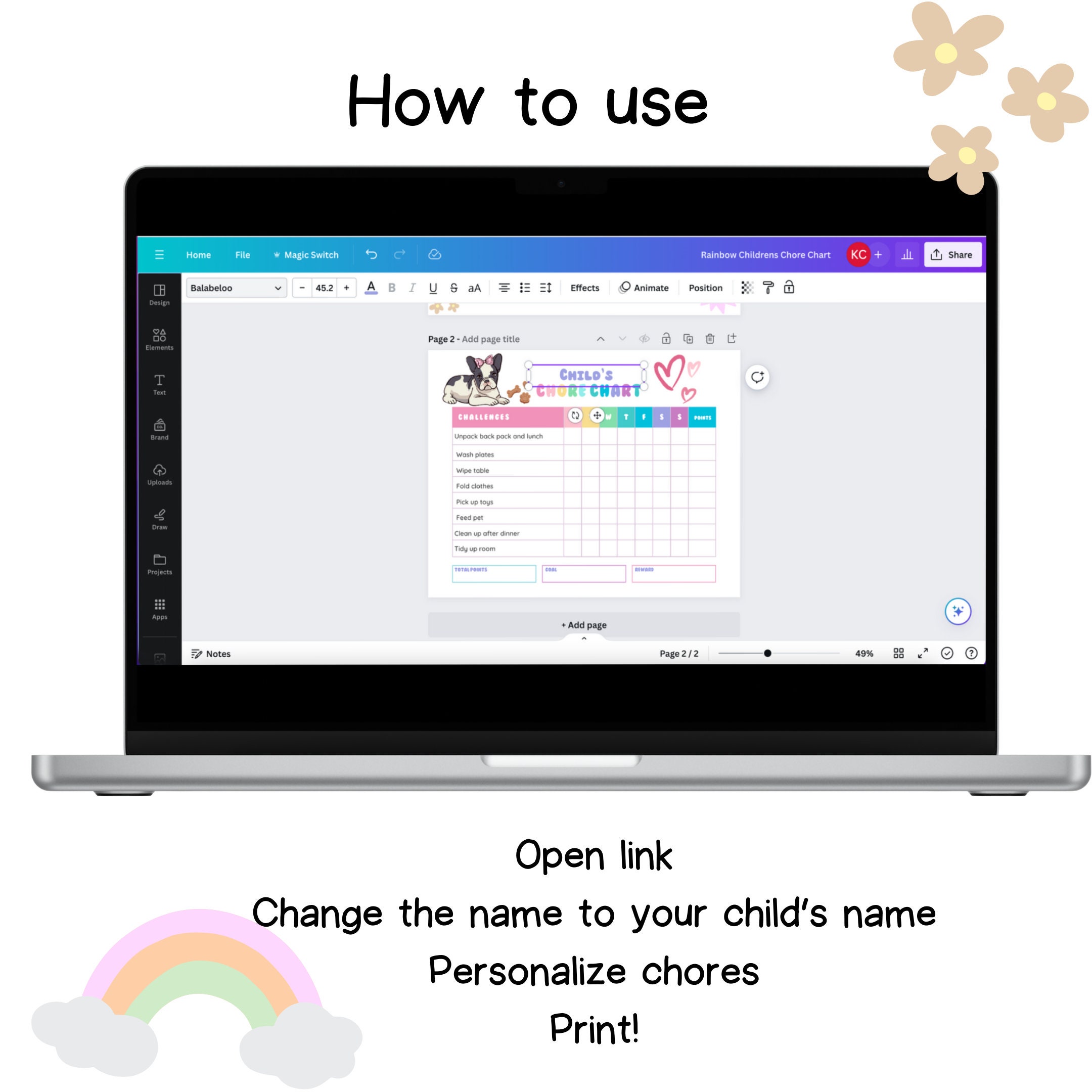Editable Rainbow Kids Chore Chart Daily Routine Allowances Daily Tasks ...
