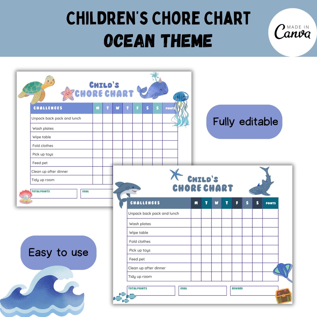 Ocean-themed Kids Chore Chart | Weekly Tasks, Daily Routine, and ...