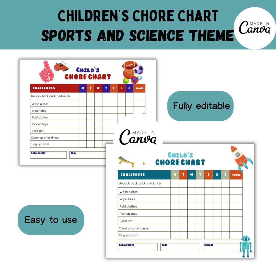 Editable Kids Chore Chart Sports Chart Science Chart Daily Routine for ...