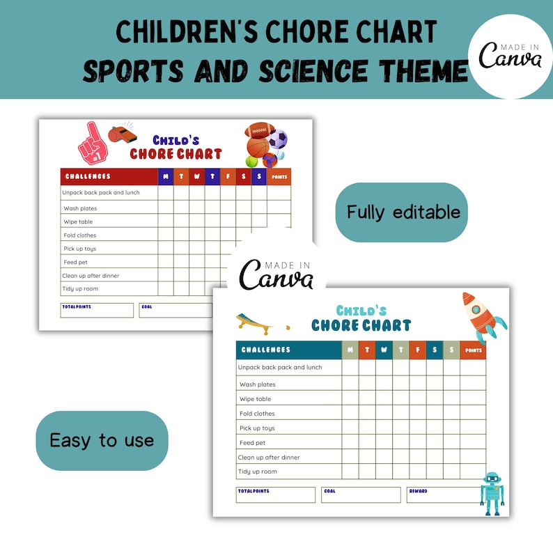 Editable Kids Chore Chart Sports Chart Science Chart Daily Routine for ...