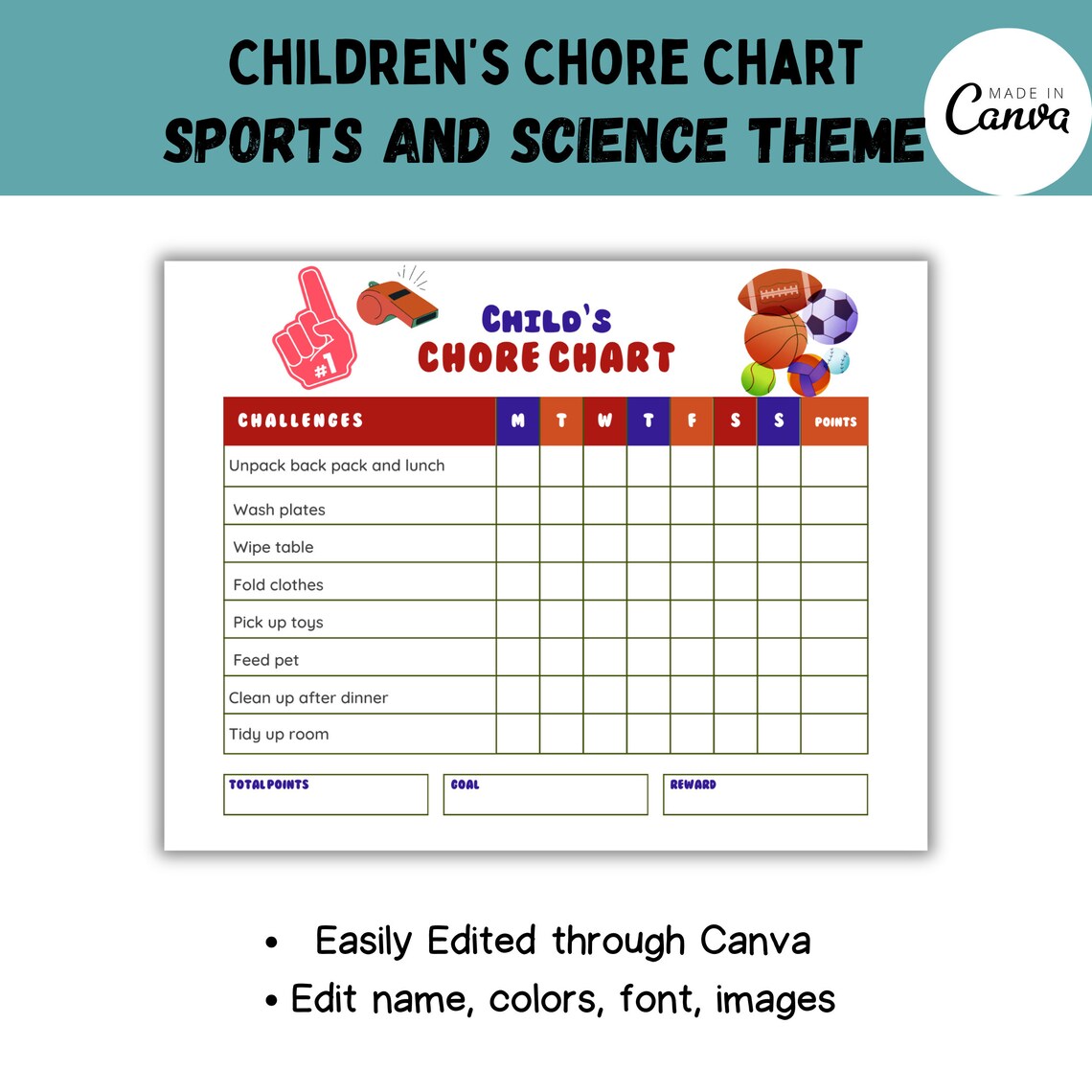 Editable Kids Chore Chart Sports Chart Science Chart Daily Routine for ...
