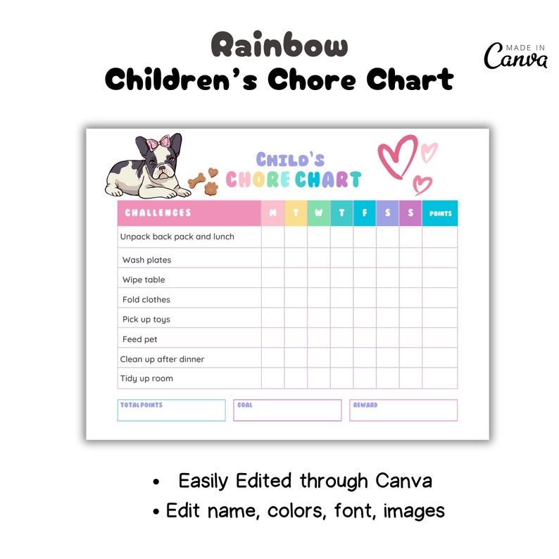 Editable Rainbow Kids Chore Chart | Daily Routine | Allowances | Daily ...