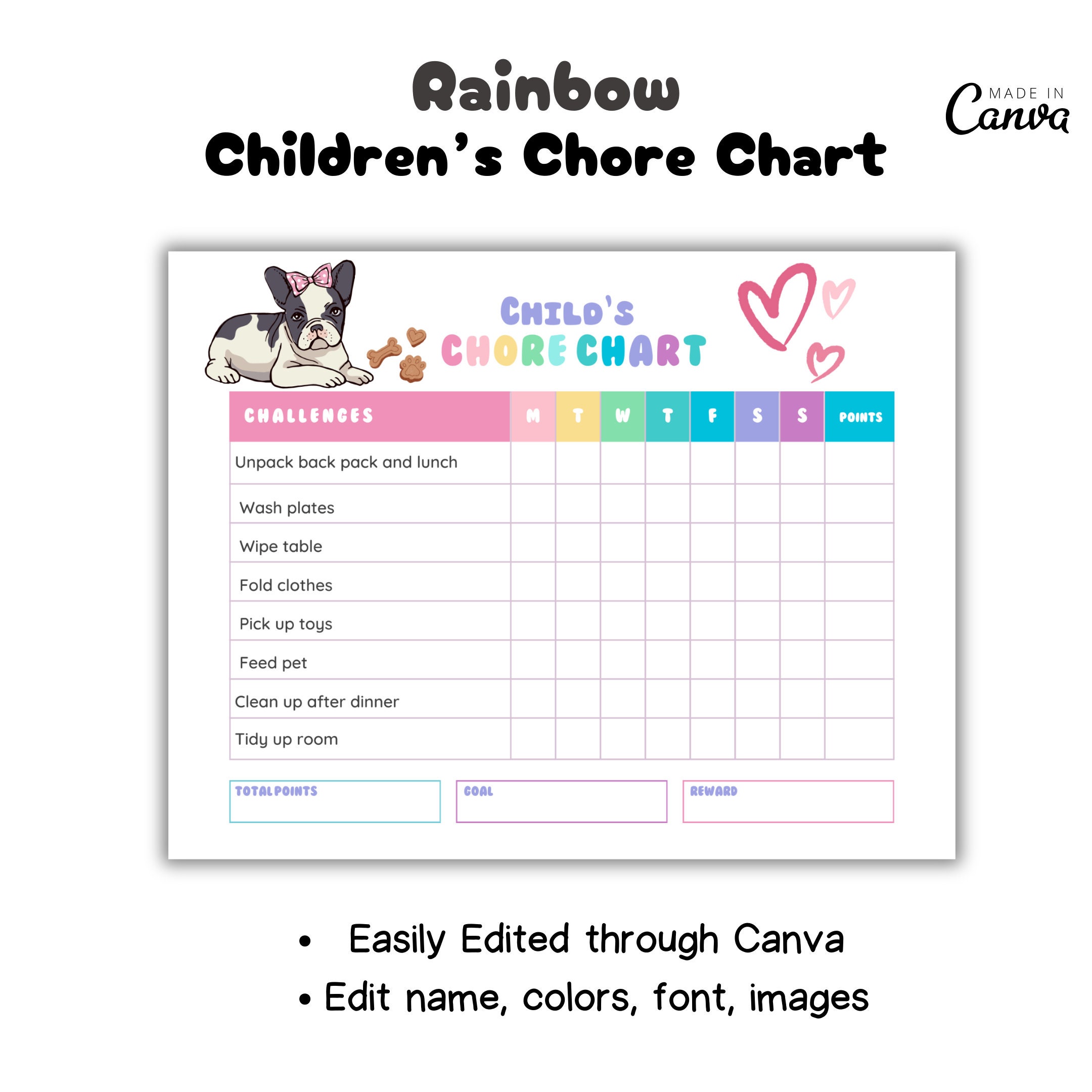 Editable Rainbow Kids Chore Chart Daily Routine Allowances Daily Tasks ...