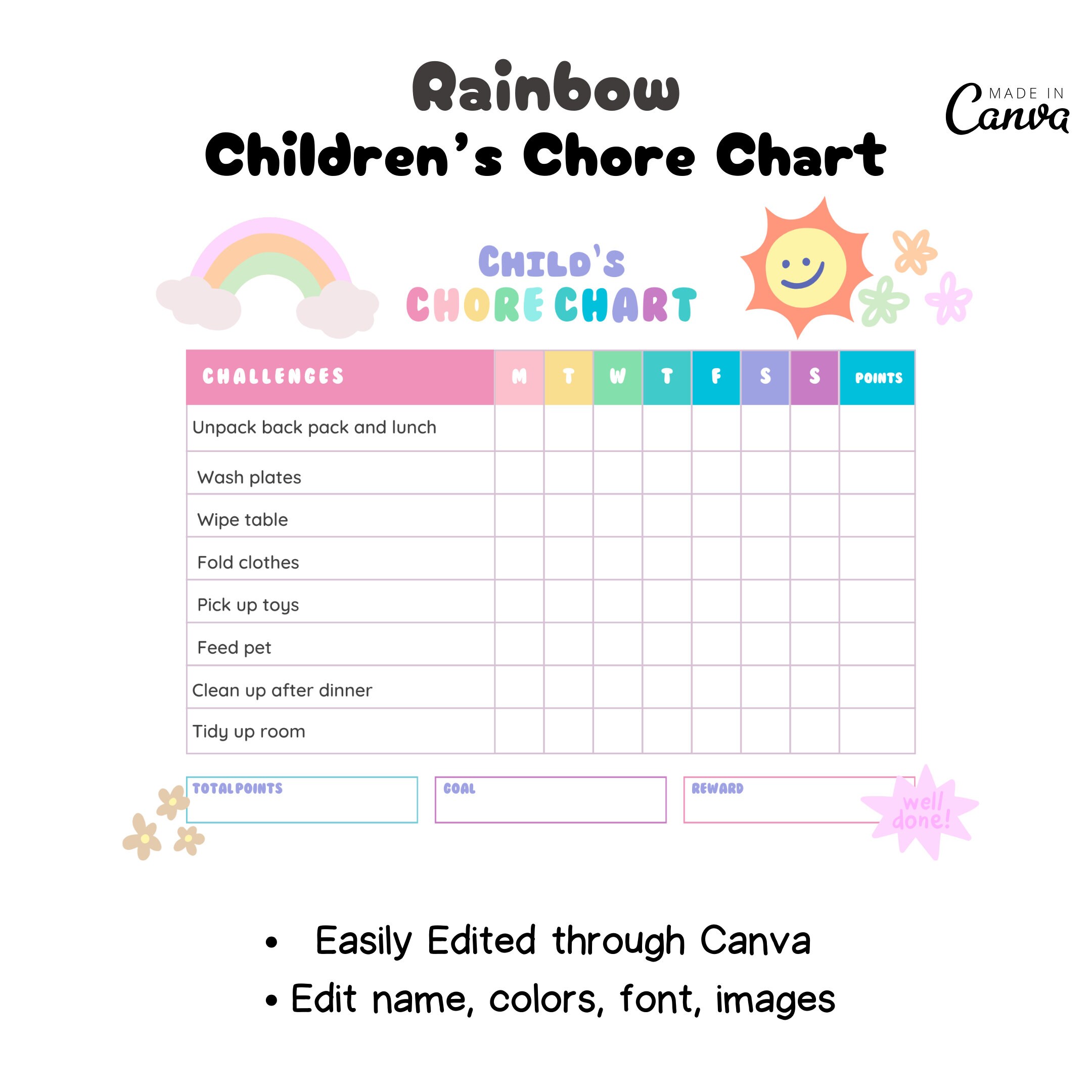 Editable Rainbow Kids Chore Chart Daily Routine Allowances Daily Tasks ...