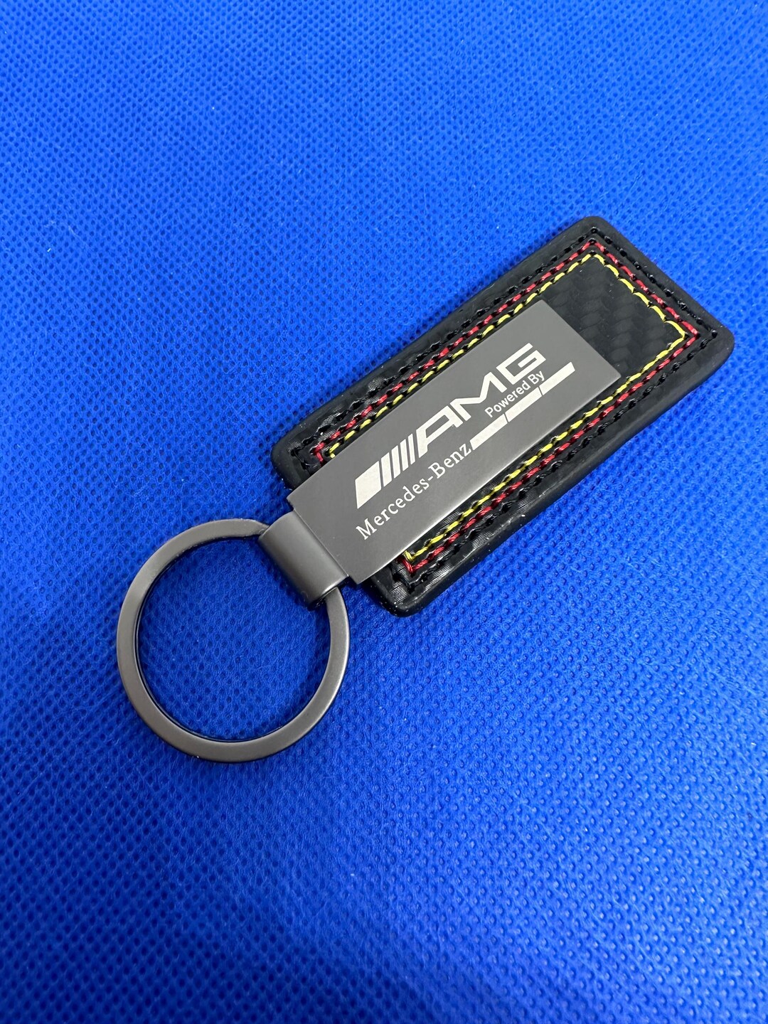 AMG Keychain in Black Leather With Yellow and Red Metal Stitching ...
