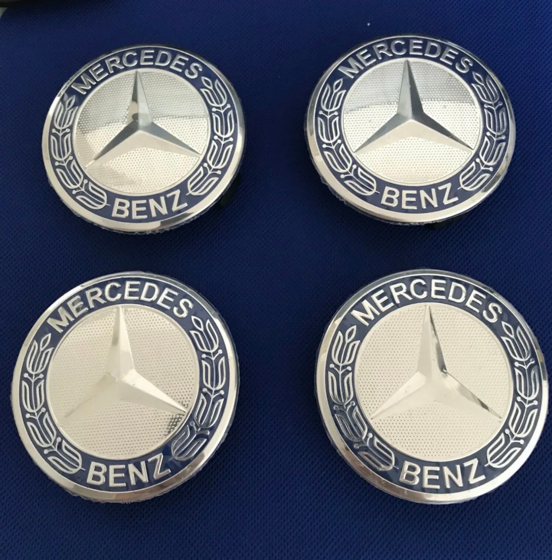 4 Mercedes Hub Caps 75mm Dark Blue Logo Emblem Rim Wheel Center Caps ...