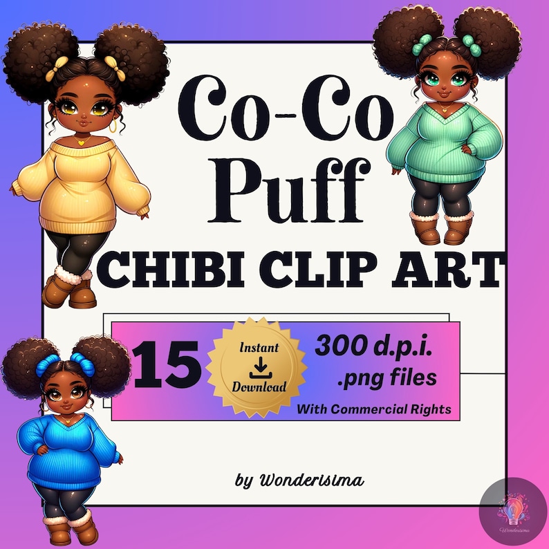 Black Girl Clip Art - Curvy, Chibi Woman in Casual Wear, Set With ...