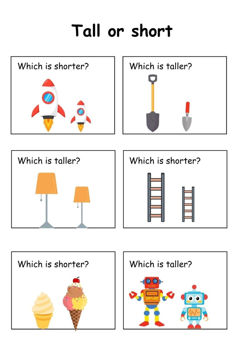 Identifying Tall Short Activities for Kids, Fun Learning Pages, for ...