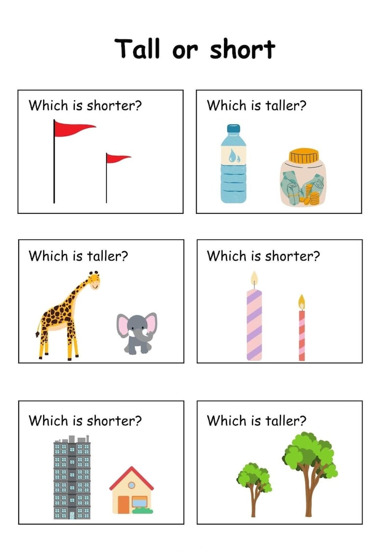 Identifying Tall Short Activities for Kids, Fun Learning Pages, for ...