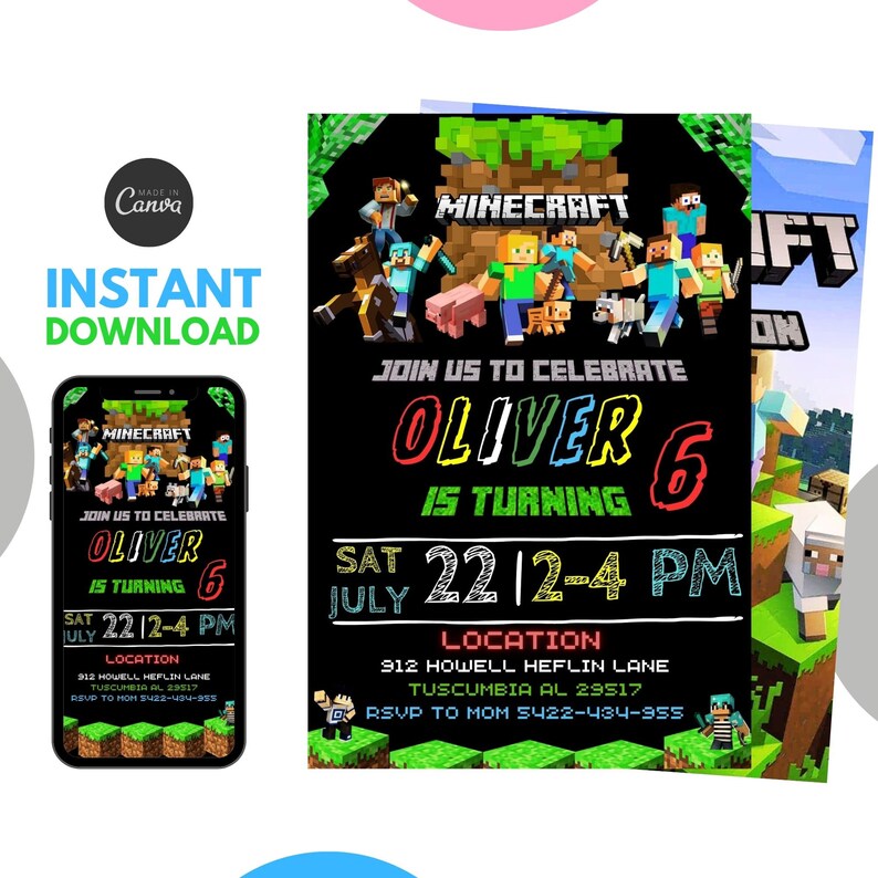 Editable Minecraft Birthday Invitation Personalized Mine Theme Birthday ...