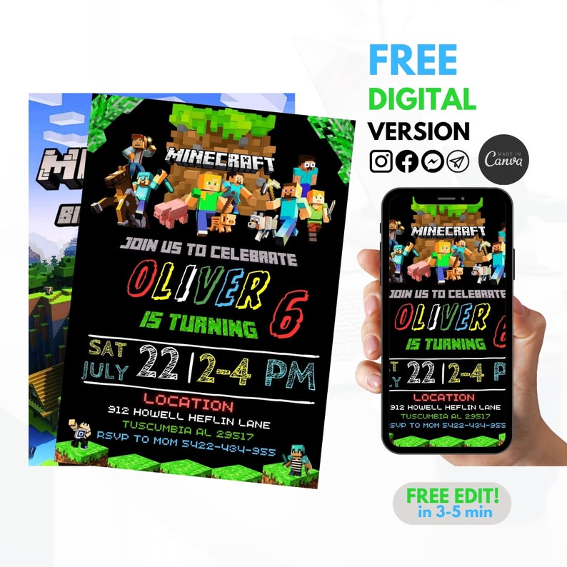 Editable Minecraft Birthday Invitation Personalized Mine Theme Birthday ...
