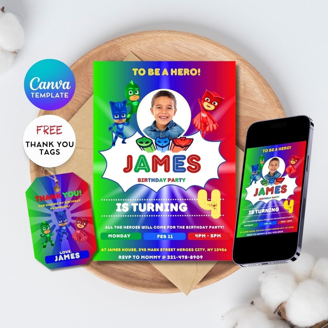 Kids Editable PJM Birthday Invitation Template, Printable Birthday ...