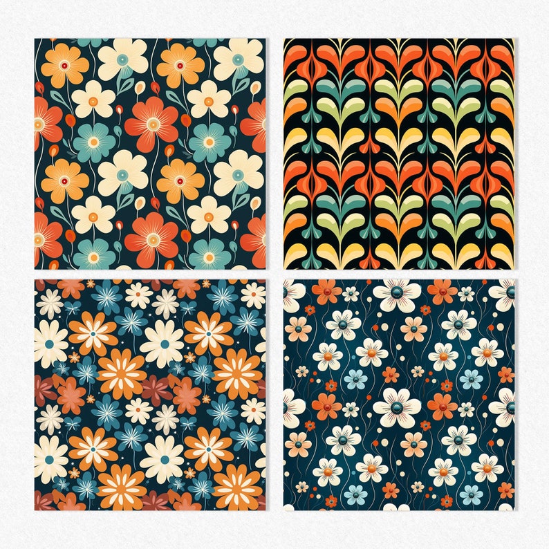 Retro Flowers Digital Paper | Retro Floral Seamless Repeating Pattern ...