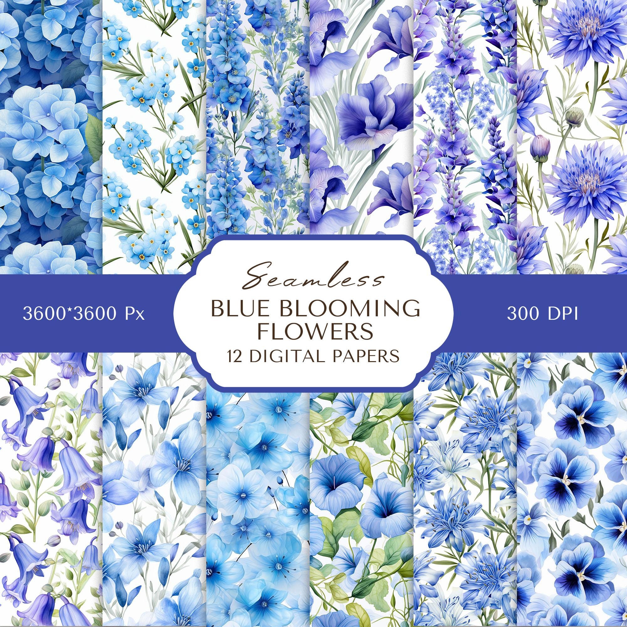 Blue Floral Digital Paper Blue Flowers Digital Pattern Seamless Blue ...