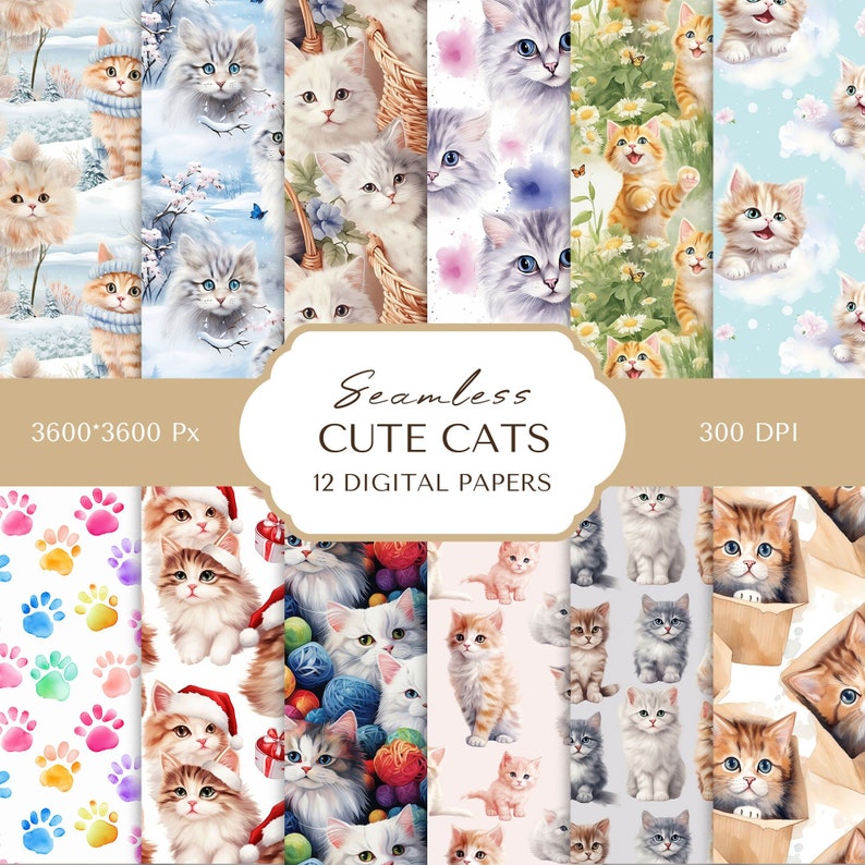 Cat Digital Paper Seamless Cute Cat-themed Digital Pattern Scrapbooking ...