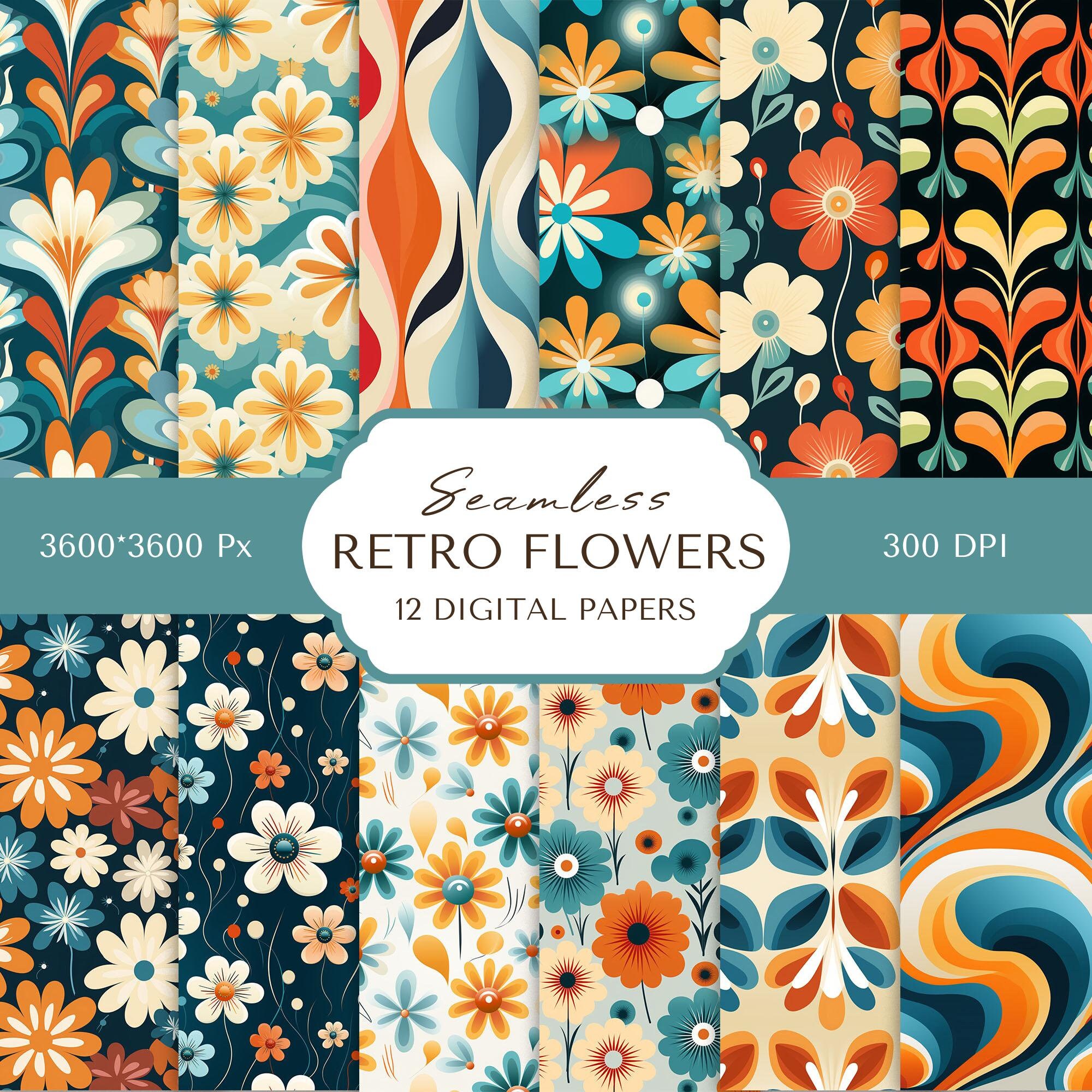 Retro Flowers Digital Paper Retro Floral Seamless Repeating Pattern ...