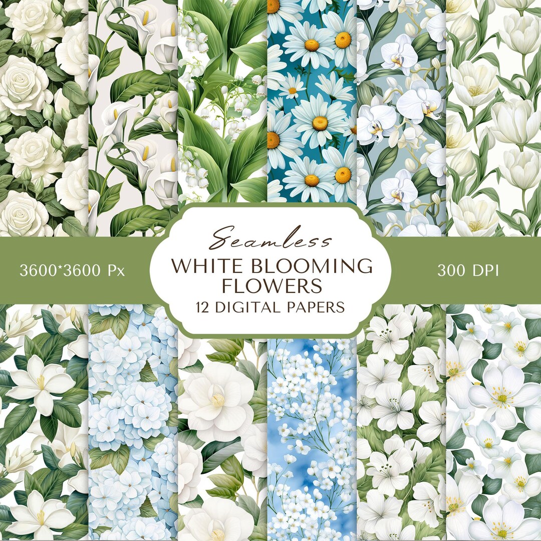 White Floral Digital Paper White Flowers Seamless Digital Pattern ...