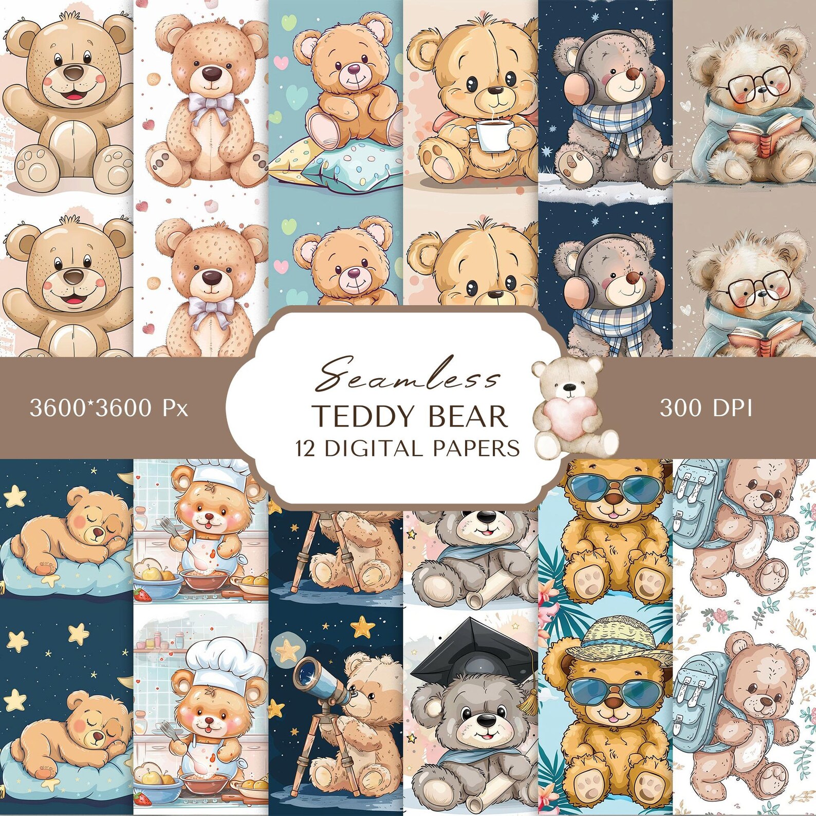 Teddy Bear Digital Paper Seamless Teddy Bear Pattern Nursery Digital ...