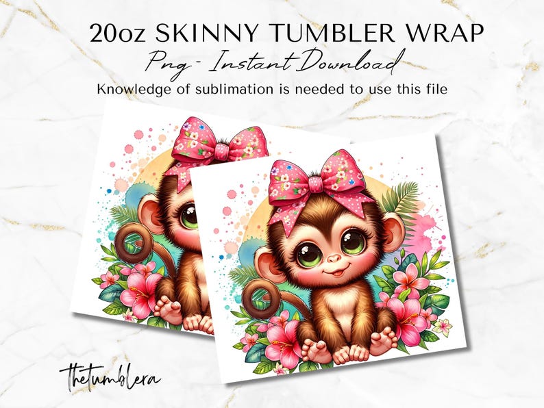 Cute Monkey Tumbler Wrap, 20oz Skinny Sublimation Tumbler Design, Monkey Sublimation for Tumbler ...