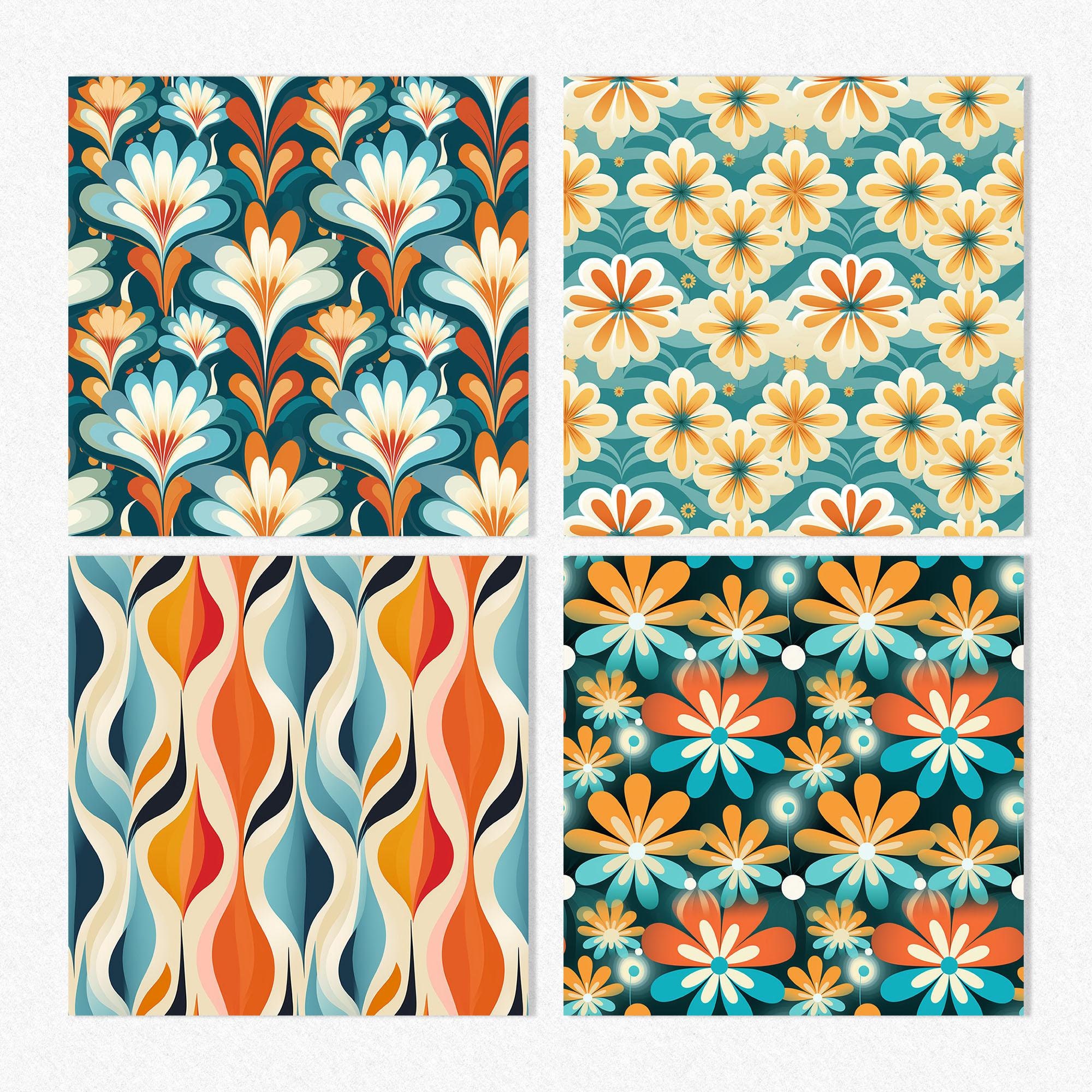 Retro Flowers Digital Paper Retro Floral Seamless Repeating Pattern ...