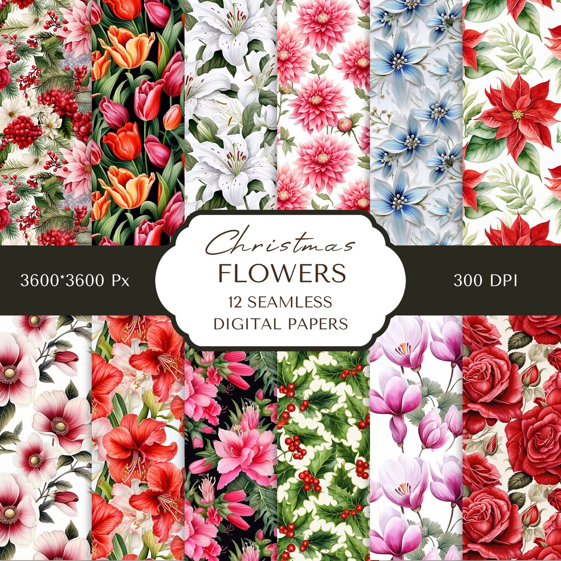 Watercolor Christmas Floral Digital Paper Christmas Seamless Pattern ...