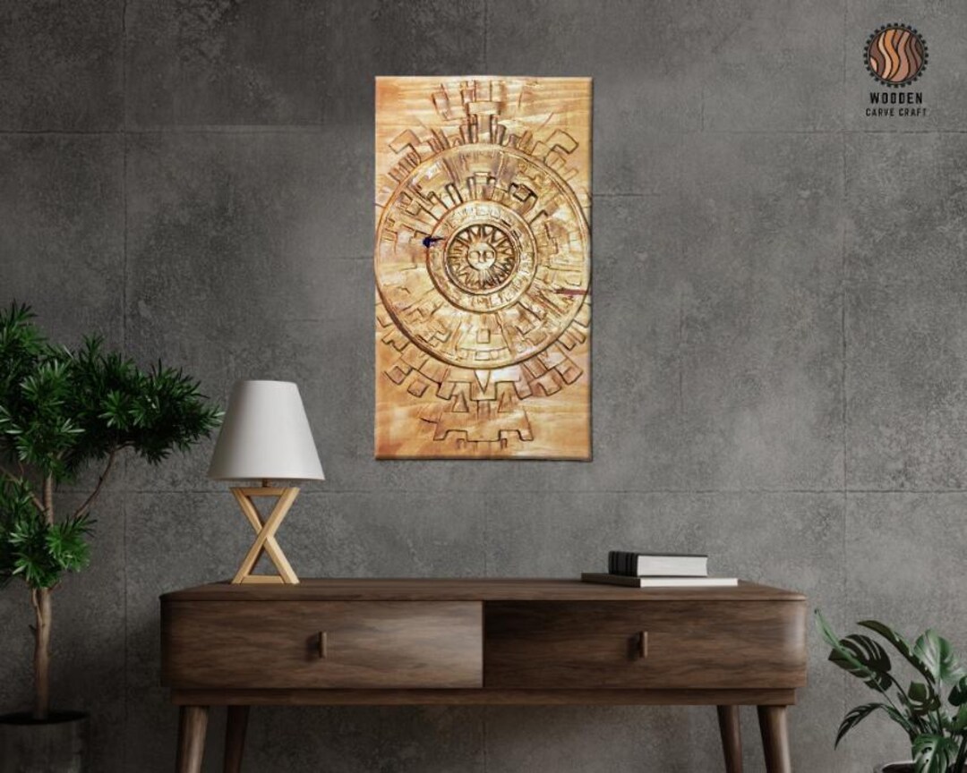 AZTEC Mayan CALENDAR Carved Wood ART, Mexican Home Décor Rustic Wooden ...