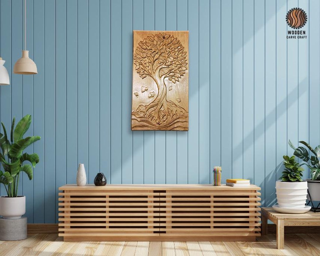 Rustic WOOD CARVED TREE of Life Art, Modern Home Décor Livingroom Wall ...