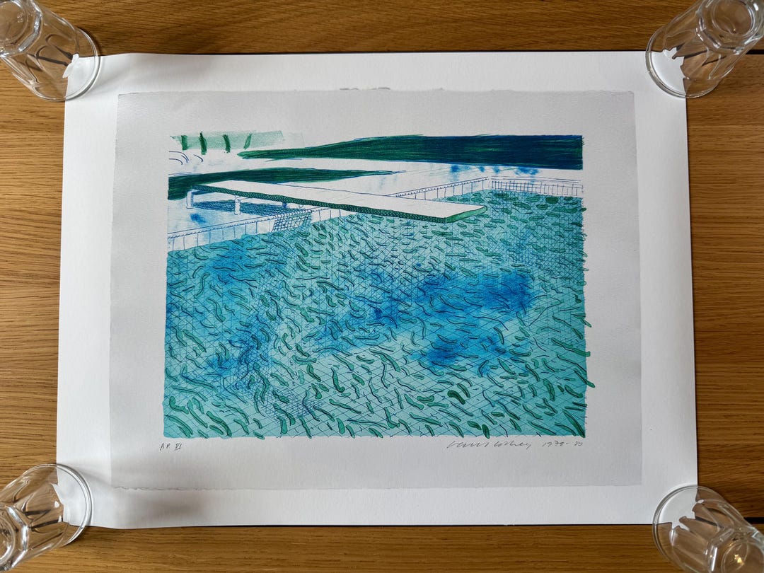 David Hockney Lithograph of Water Made of Lines With Two Light Blue ...