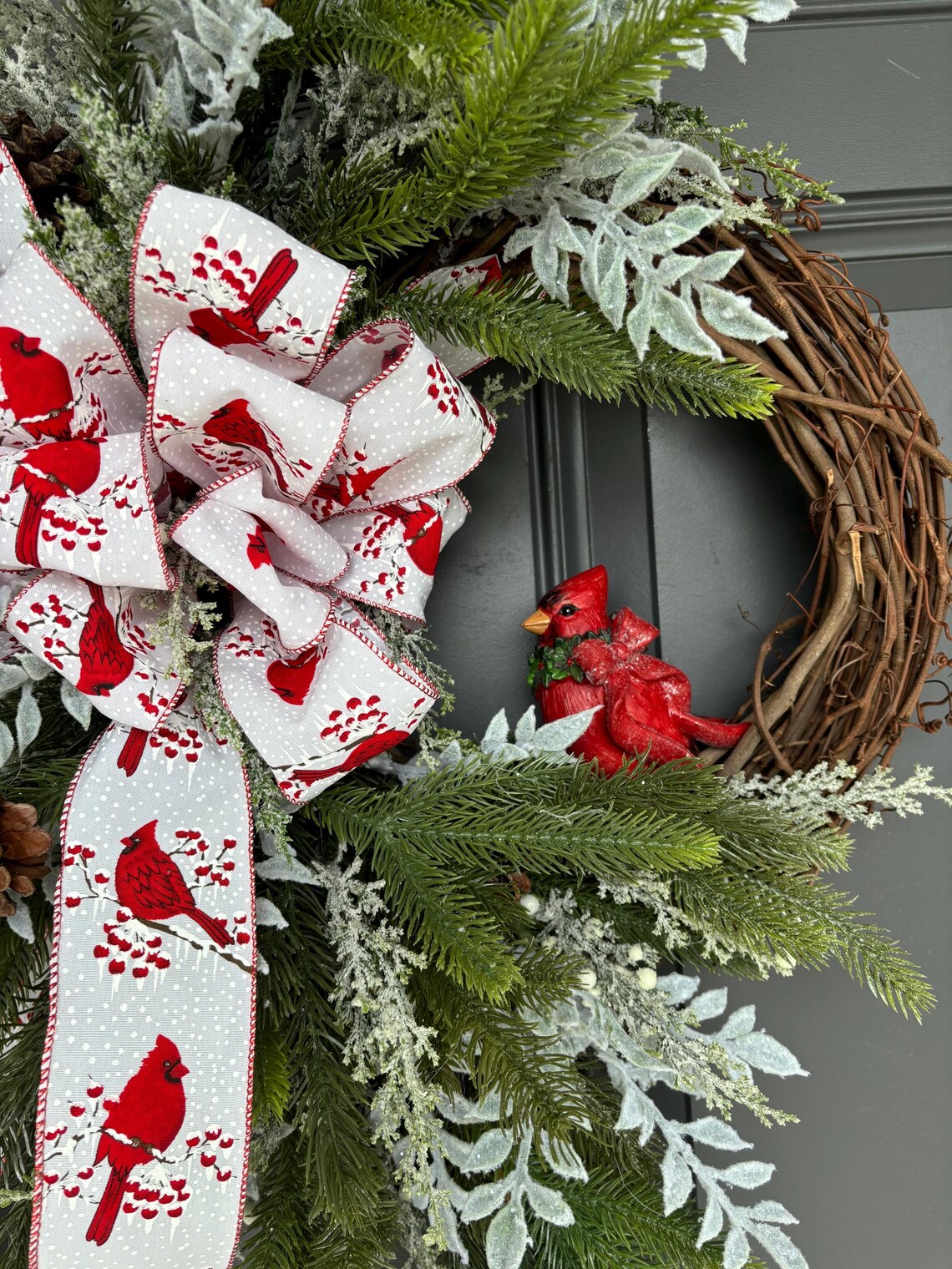 Winter Cardinal Wreath With Cardinal Bow, Pinecones and Berries, Rustic ...