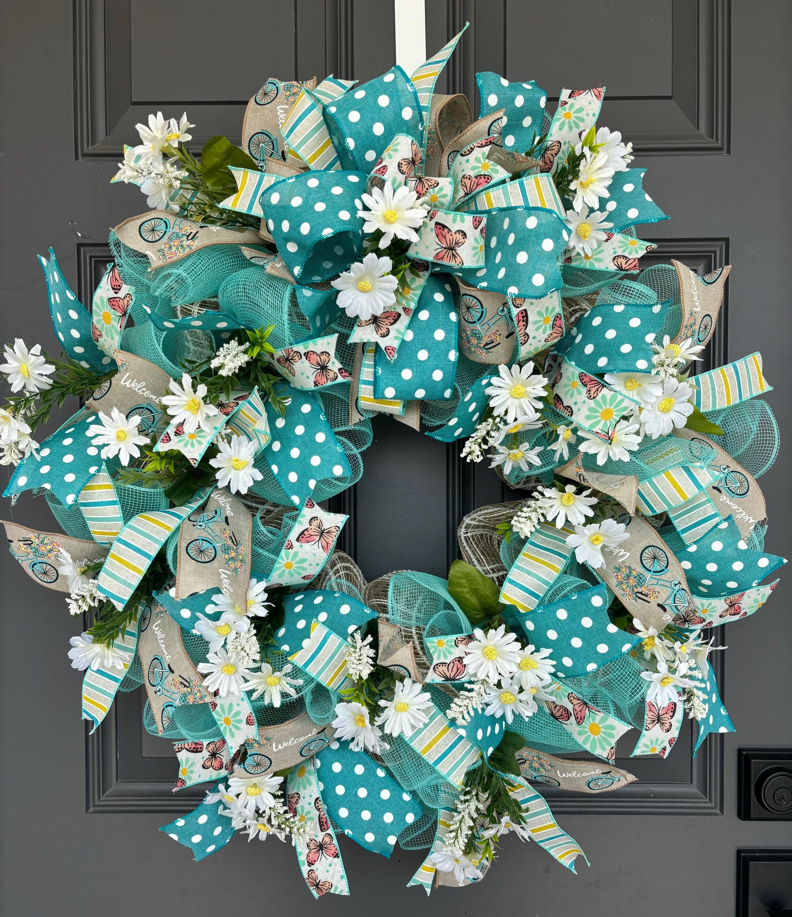 Teal and White Wreath for Front Door, Teal Wall Decor, Floral Wreath ...
