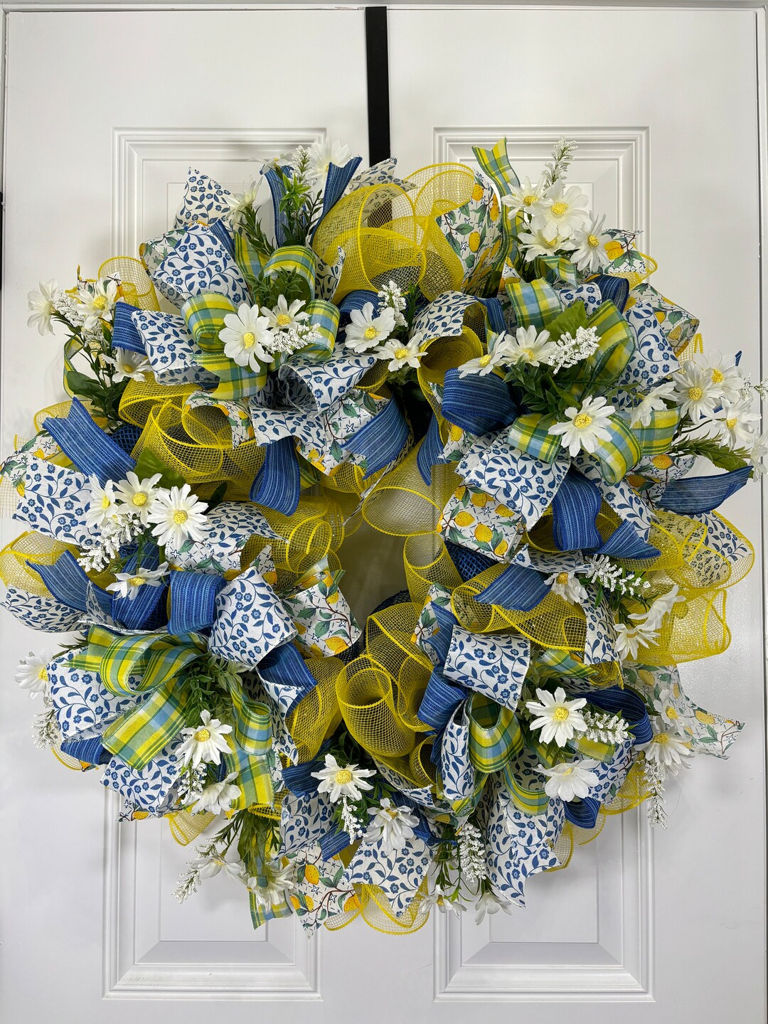 Daisy Wreath Blue and Yellow Wreath Front Door Wreath Porch Decor Home ...