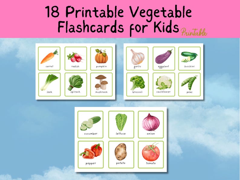 Printable Vegetable Flashcards for Kids 18 Colorful, Educational Cards ...