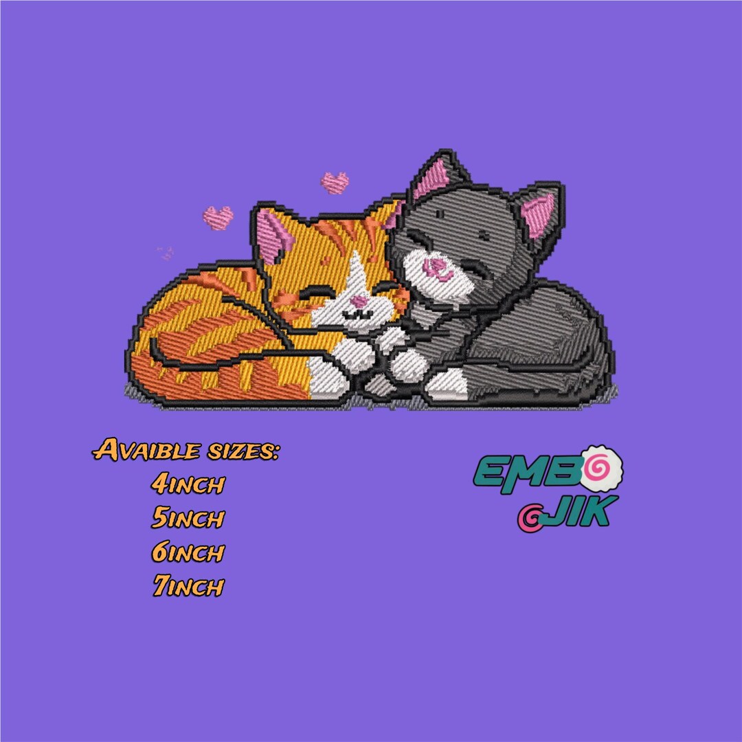Pixel Art Cat Couple Embroidery Design, Cute Hugging Cats With Hearts ...