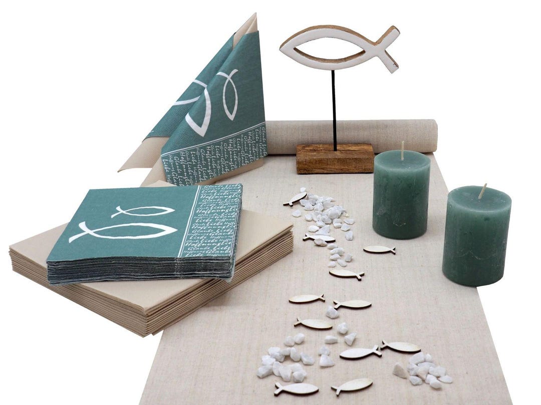 Table Decoration Confirmation Communion Green Sage Cream Fish ...