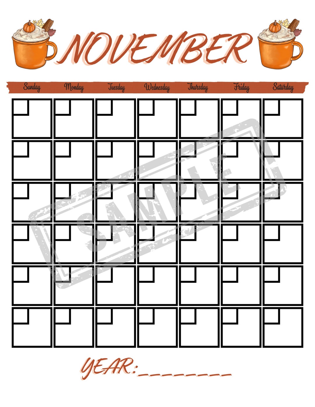 November Calendar - A5 Bullet Journal Page - - Etsy